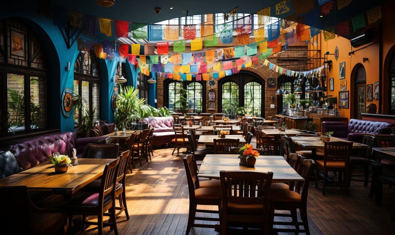 Restaurant with Tables, Chairs, and Flags Stock Photo - Image of dining ...