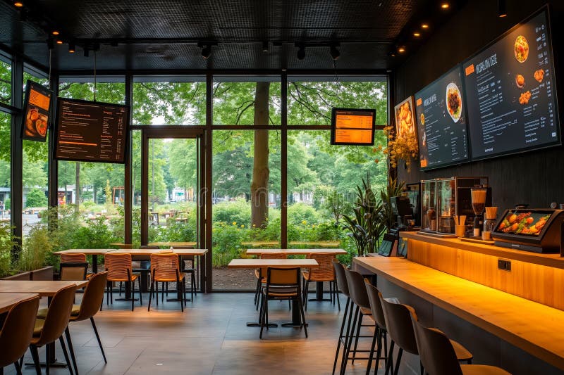 A Restaurant with Tables and Chairs in Front of Large Windows Stock ...