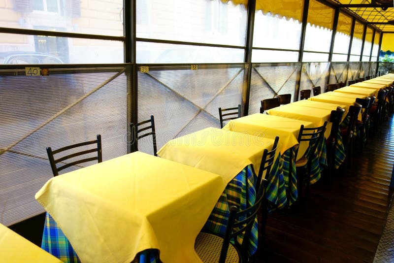 Restaurant Tables Chairs Yellow Tablecloth Stock Image - Image of ...