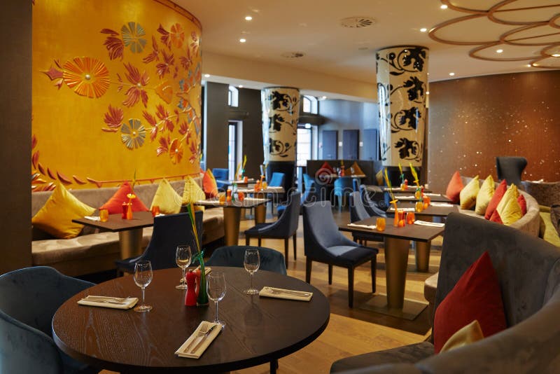 Russia, Moscow, 16.01.2019, Restaurant with Tables with Dishes and ...