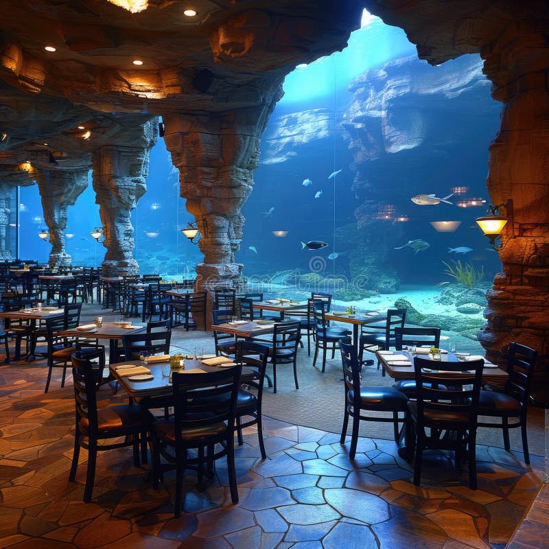Restaurant with Tables by a Large Aquarium of Aquatic Life Stock Image ...