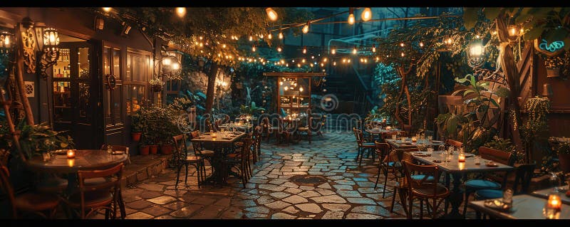 Restaurant Terrace at Night Stock Illustration - Illustration of ...