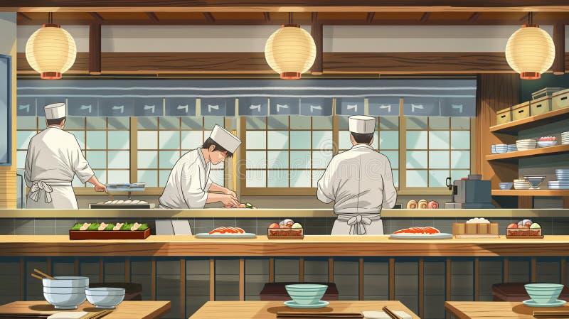 A Restaurant with Three Chefs Working in the Kitchen. Anime Background ...