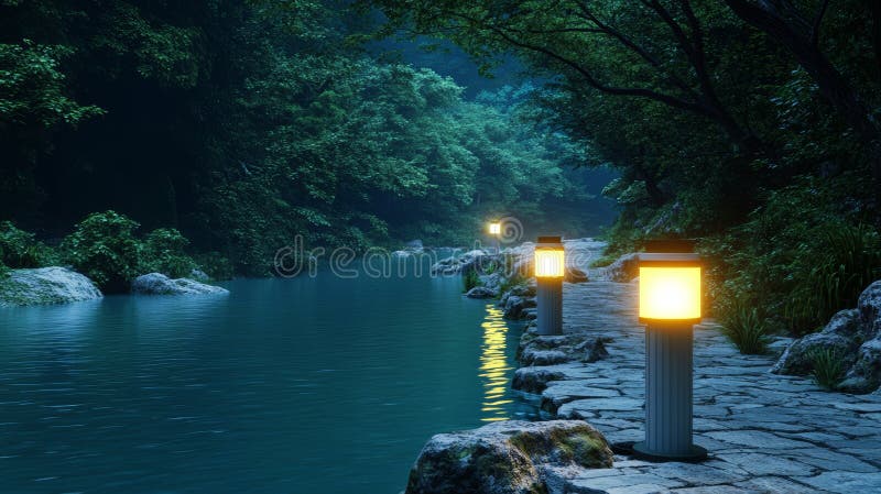 A Restaurant by the Water, on a Winter Evening, with a Lit Pathway ...