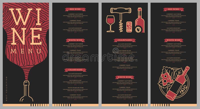 Restaurant Wine Menu Design with Bottle, Glass, Corkscrew and Cork ...