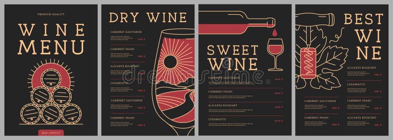 Restaurant Wine Menu Design with Bottle, Glass, Corkscrew and Cork ...