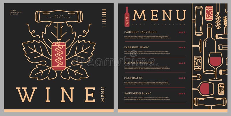 Restaurant Wine Menu Design with Corkscrew. Line Art Modern ...