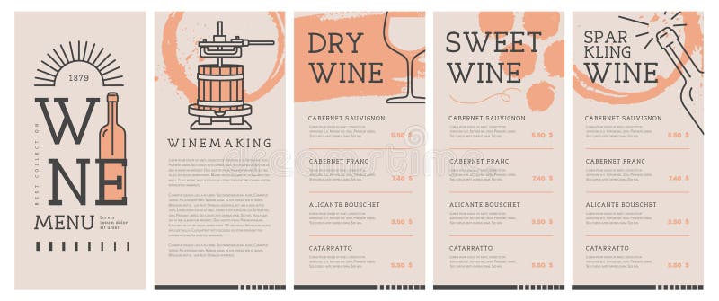 Restaurant Wine Menu Design with Wine Press and Wine Stain. Line Art ...