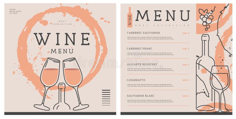 Restaurant Wine Menu Design with Splash and Wine Stain. Line Art Modern ...