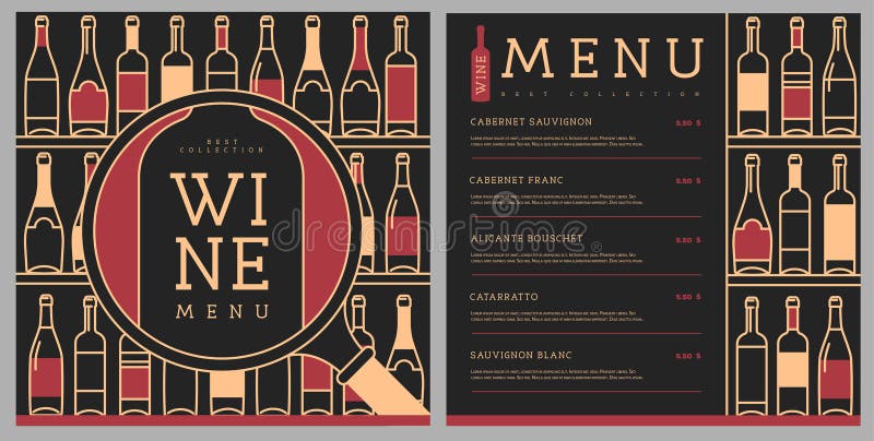 Restaurant Wine Menu Design with Various Types of Wine Bottles. Line ...