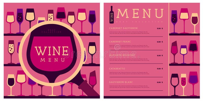 Restaurant Wine Menu Design with Various Types of Wine Glasses. Wine ...
