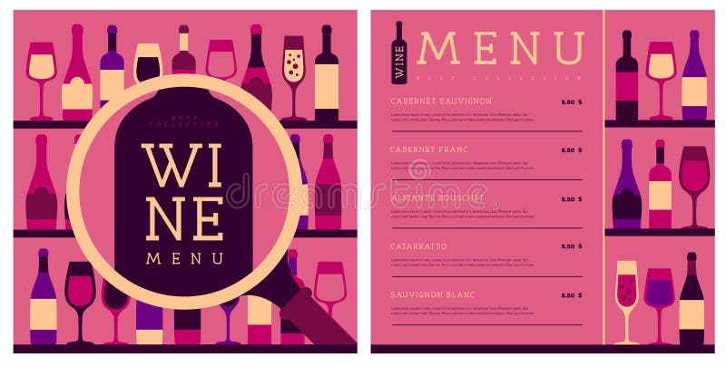 Restaurant Wine Menu Design with Various Types of Wine Glasses and ...
