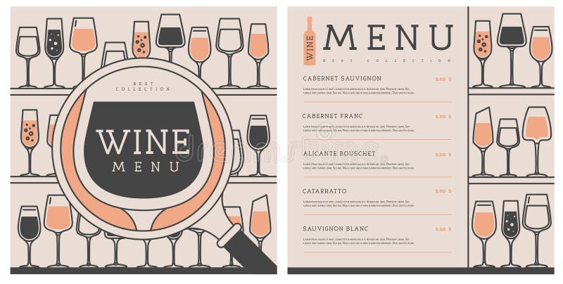 Restaurant Wine Menu Design with Various Types of Wine Glasses. Line ...