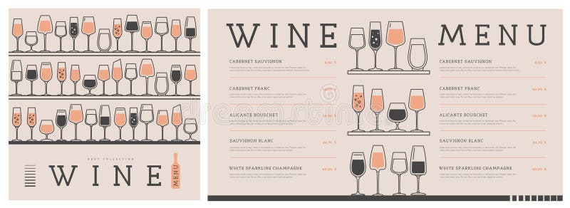Restaurant Wine Menu Design with Various Types of Wine Glasses. Line ...