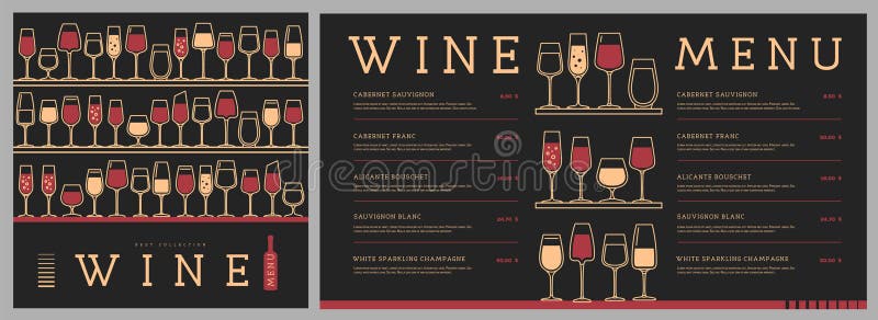 Restaurant Wine Menu Design with Various Types of Wine Glasses. Line ...