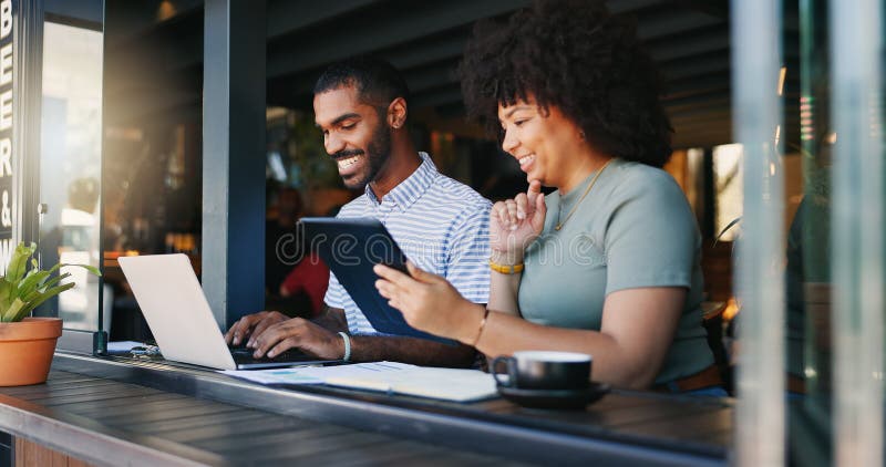 Restaurant, Workers and Tablet with Laptop, Remote Work and Planning ...