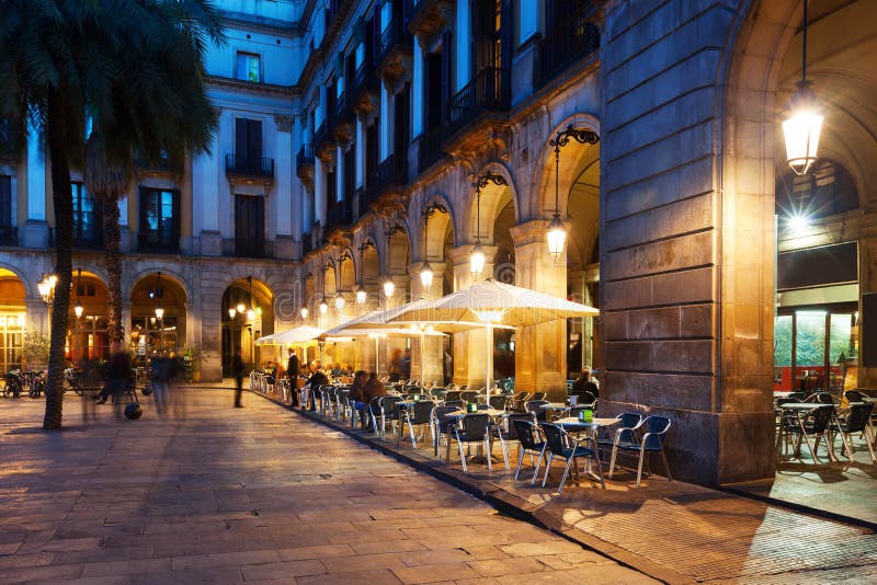 Restaurants at Placa Reial in Winter Night. Barcelona Stock Photo ...