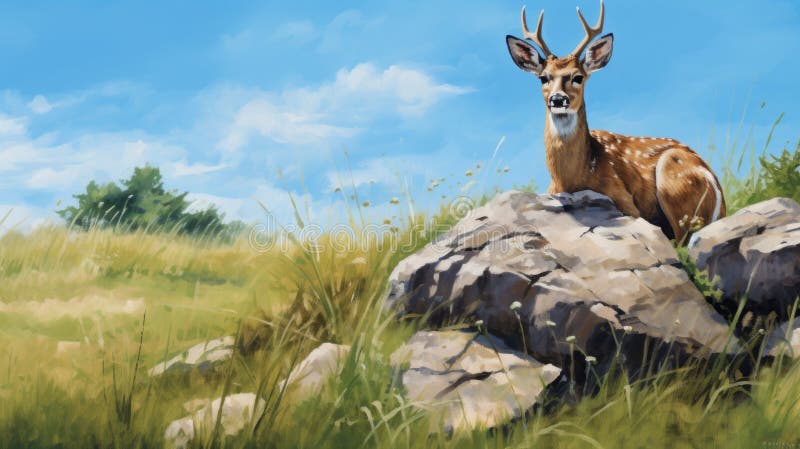 Resting Deer on Rock: Editorial Illustration with Realistic Bird ...