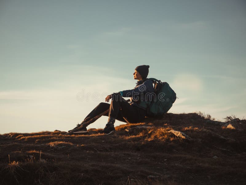 Resting Hiker Woman on Top of the Mountain during Trekking Stock Image ...