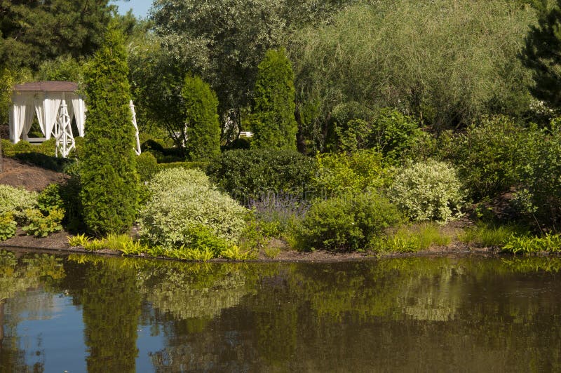 Resting Place with Benches at Lake Shore in Summer Sunny Day Stock ...