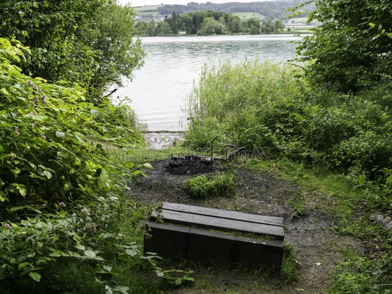 Resting Place by the Lake, Benches Stock Photo - Image of view, outline ...