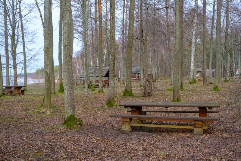 A Resting Place with a Wooden Table and Benches among the Trees. Stock ...