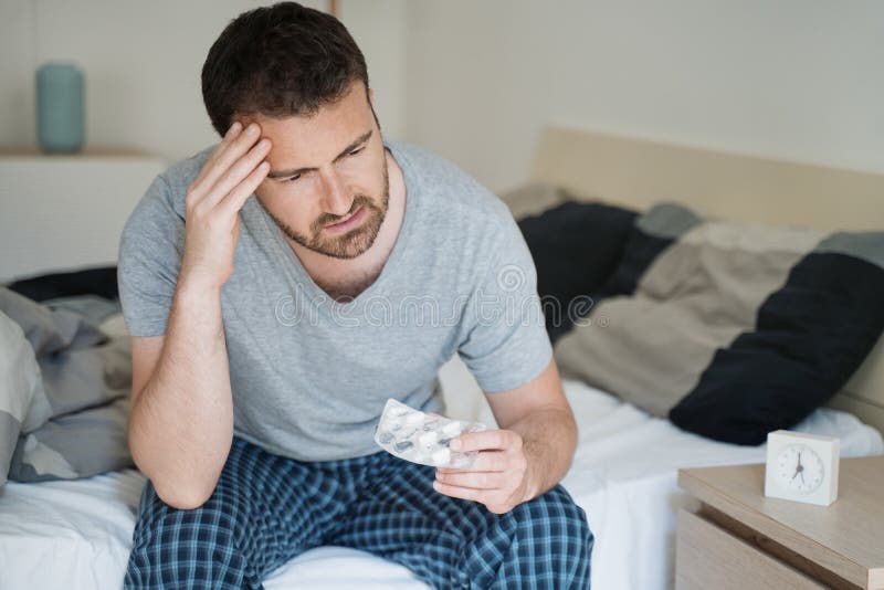 Restless Man Waking Up Early with Headache after Rough Night Stock ...
