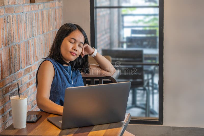Restless Woman Falling Asleep on Laptop at Rustic Brick Wall Stock ...