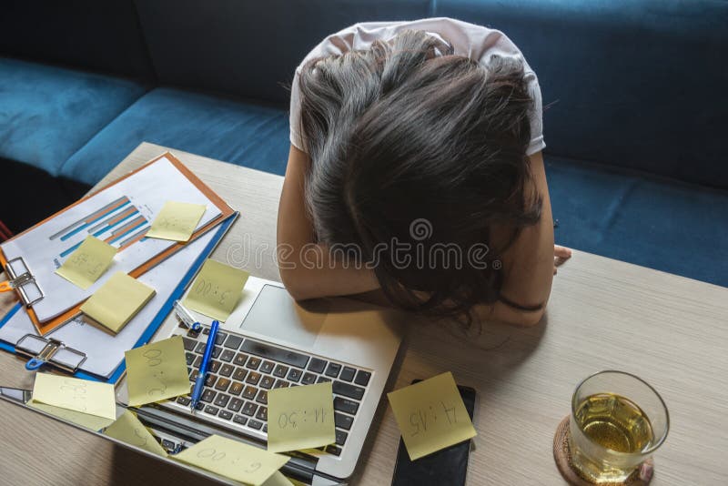 Restless Woman Fall Asleep on Unorganized Desk with Laptop , Documents ...