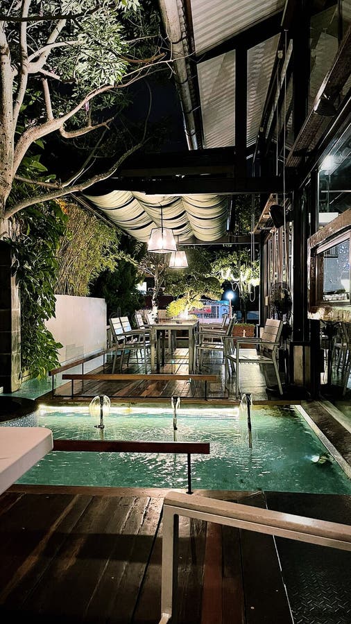 Resto view pool in night stock photo. Image of resto - 261666072