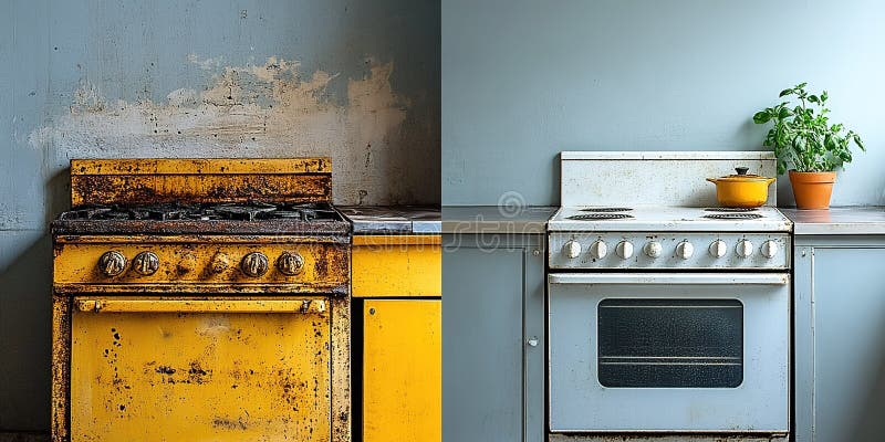Restoration of an Old Kitchen Showcasing a Rusty Stove beside a Modern ...