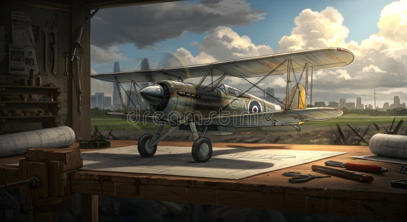 Restoration Project: Vintage Biplane in Workshop with Urban Skyline ...