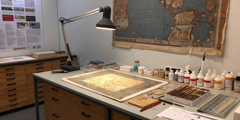 Restoration Work in an Art Studio with Maps and Tools on a Large Table ...