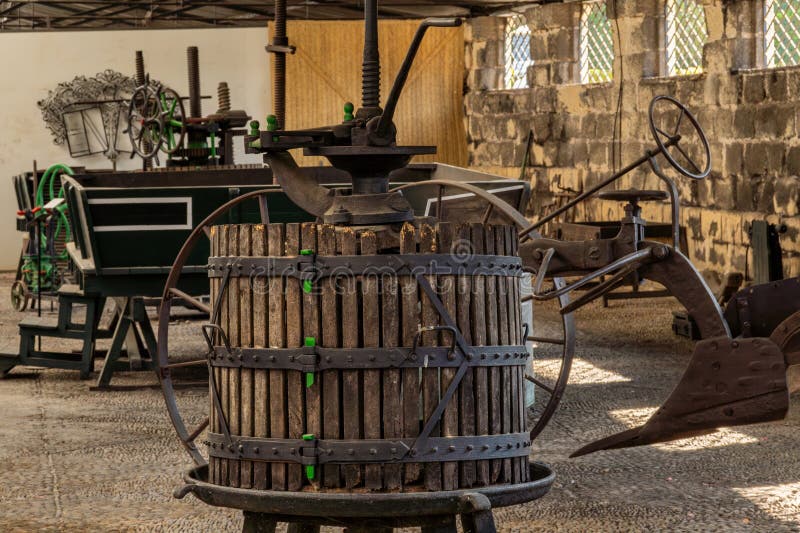 Restored Antique Wooden Wine Press in a Rustic Workshop Interior with Vintage Tools Editorial ...