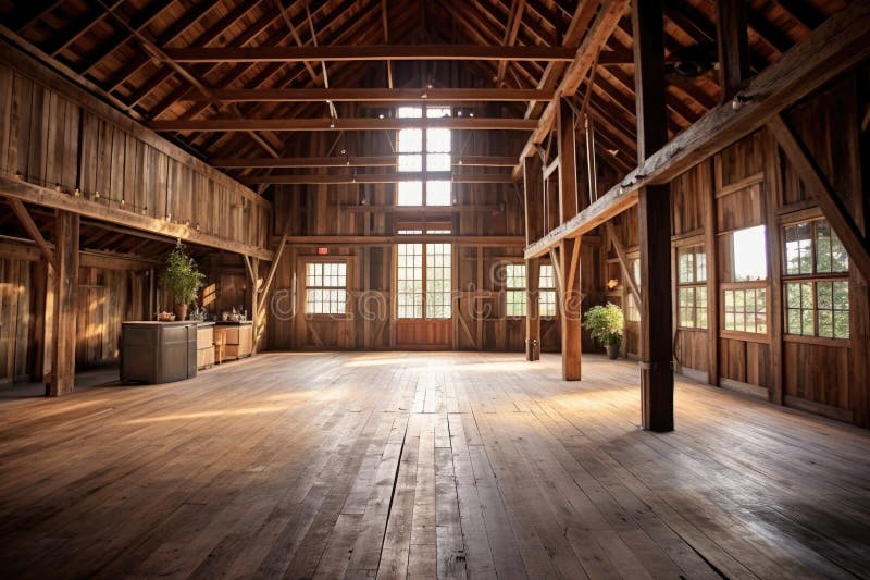Restored Barn Interior with Exposed Wooden Beams Stock Image - Image of ...