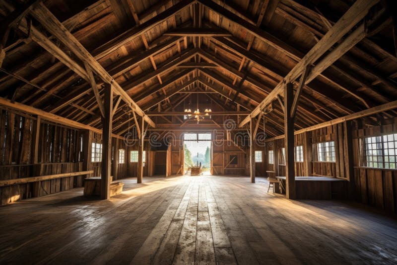 Restored Barn Interior with Exposed Wooden Beams Stock Image - Image of ...