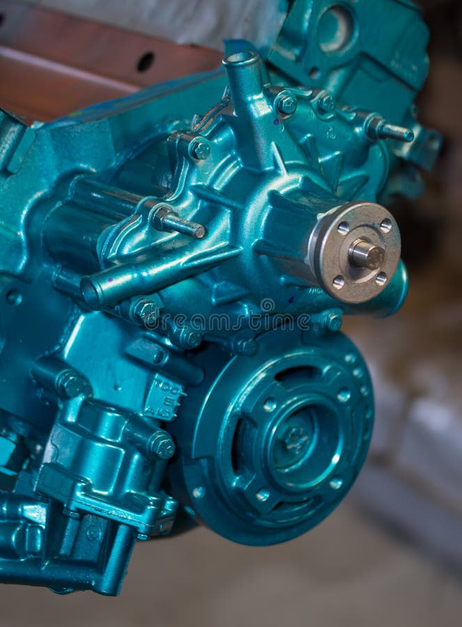 Restored Engine Front in Blue Water Pump Stock Image - Image of ...