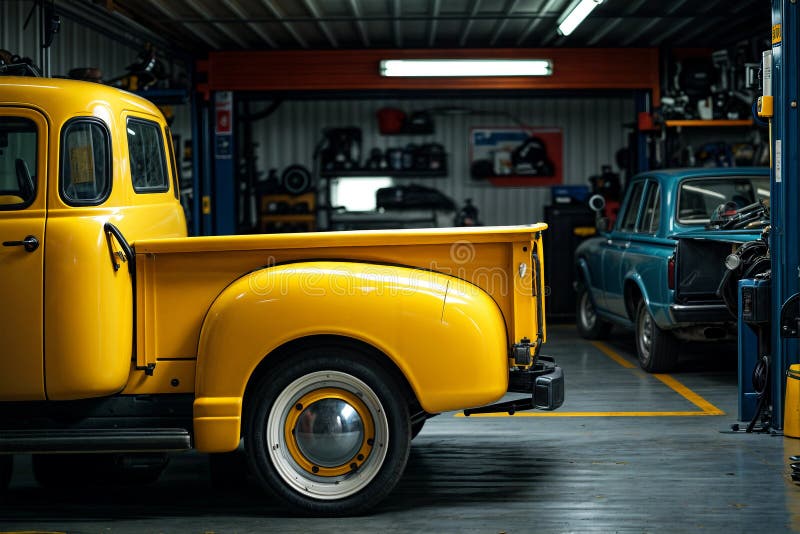 Restored 1950s Pickup. Yellow Pickup at the Auto Repair Shop Stock ...