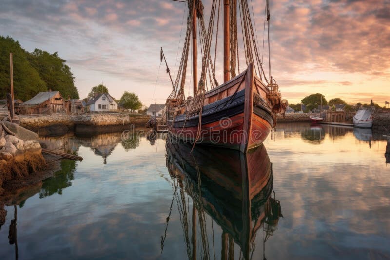 Restored Viking Ship in a Peaceful Scandinavian Harbor Stock ...