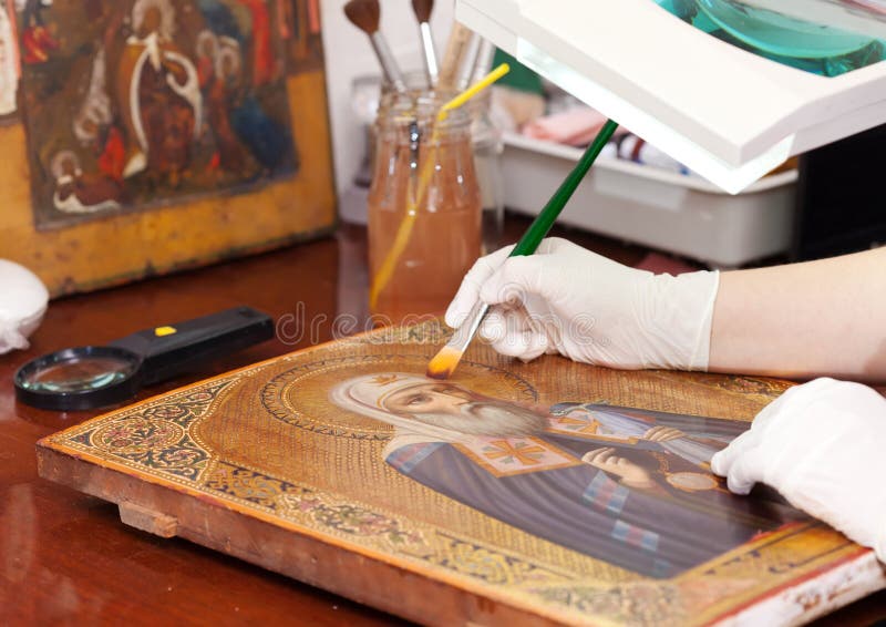 Restorer Works on Old Gilded Icon with Brush Stock Image - Image of ...