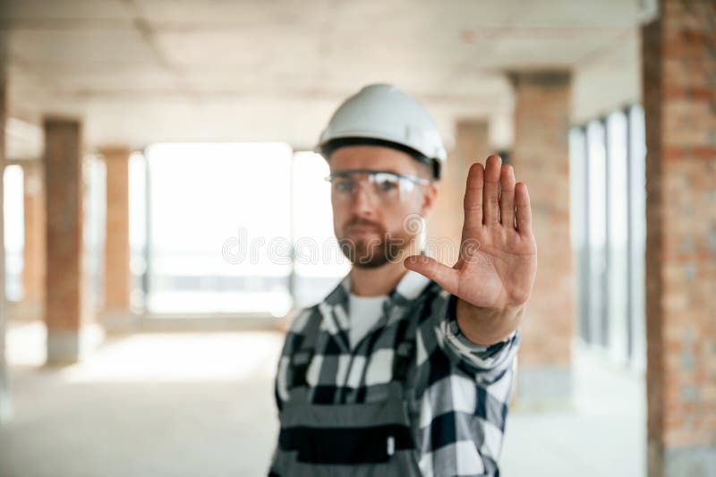 Restricted Area, Stop Gesture by Hand. Construction Worker in Uniform ...