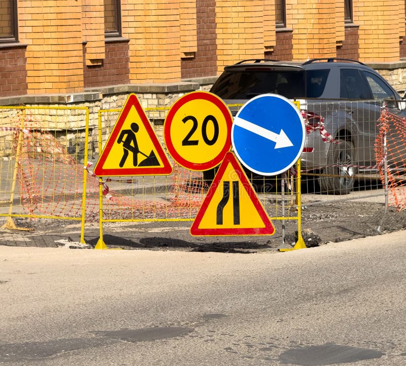 Restrictive Road Signs on the Road during Repair Work Stock Image ...