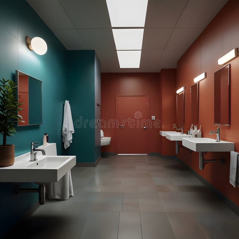Restroom Design with Inclusive Signage, Bright Colors and Sinks Stock ...