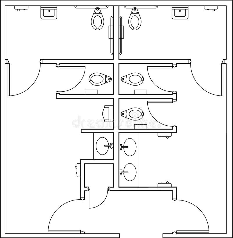 Linear Vector Bathroom Plan Of The Restroom With Toilet Partitions