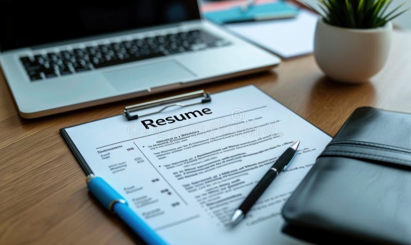 A Resume is on a Table with a Pen and a Laptop Stock Image - Image of ...