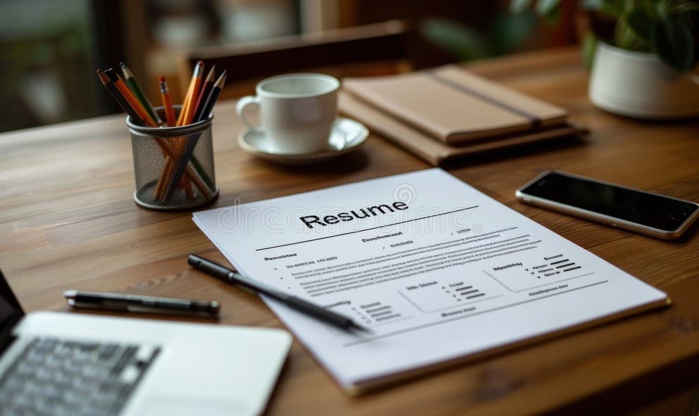 A Resume is on a Table with a Pen and a Laptop Stock Image - Image of ...