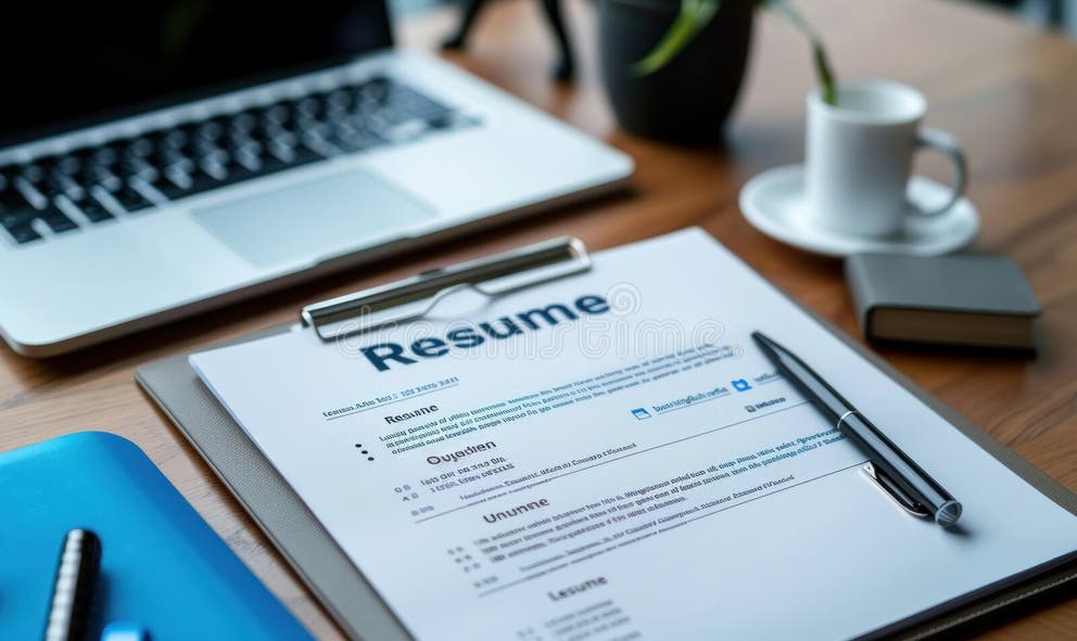A Resume is on a Table with a Pen and a Laptop Stock Photo - Image of ...