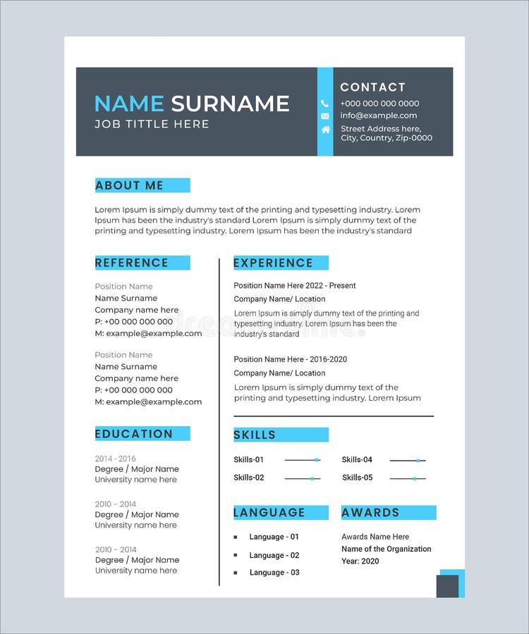 Resume Template with Blue Elements, Vector Eps10 Illustration. Stock ...