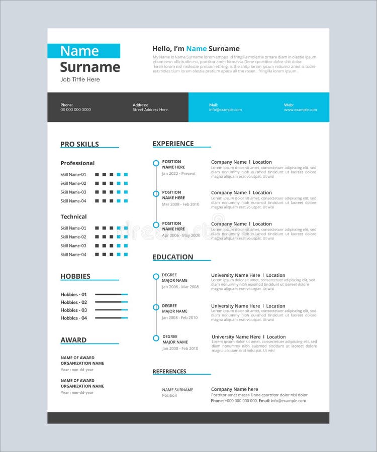 Resume Template with Blue Elements, Vector Eps10 Illustration. Stock ...