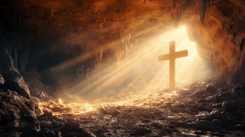 Cross in a Cave in the Rays of Sun Stock Illustration - Illustration of ...